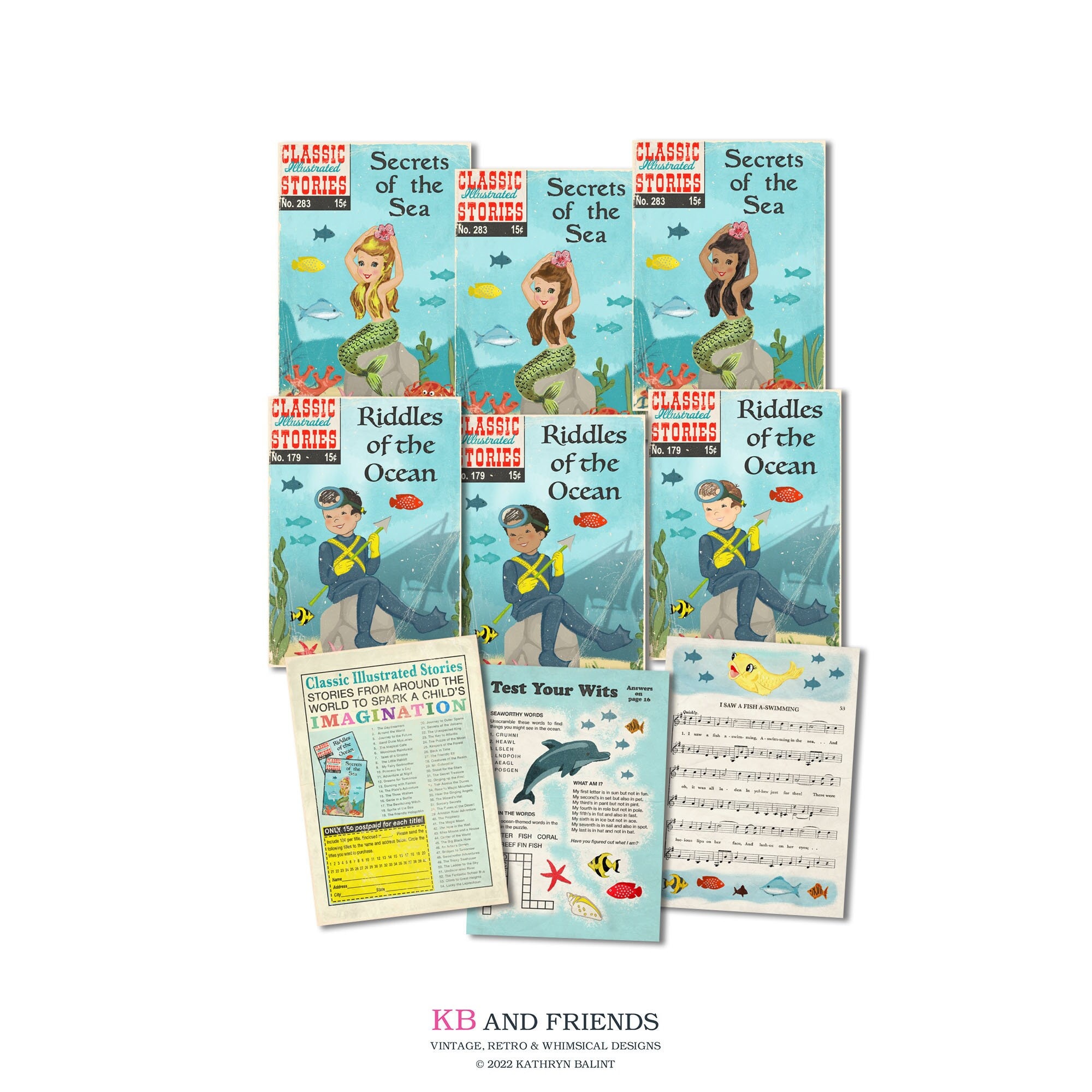 Retro Ocean Stories Printable Book Covers and Cards Featuring Mermaids ...