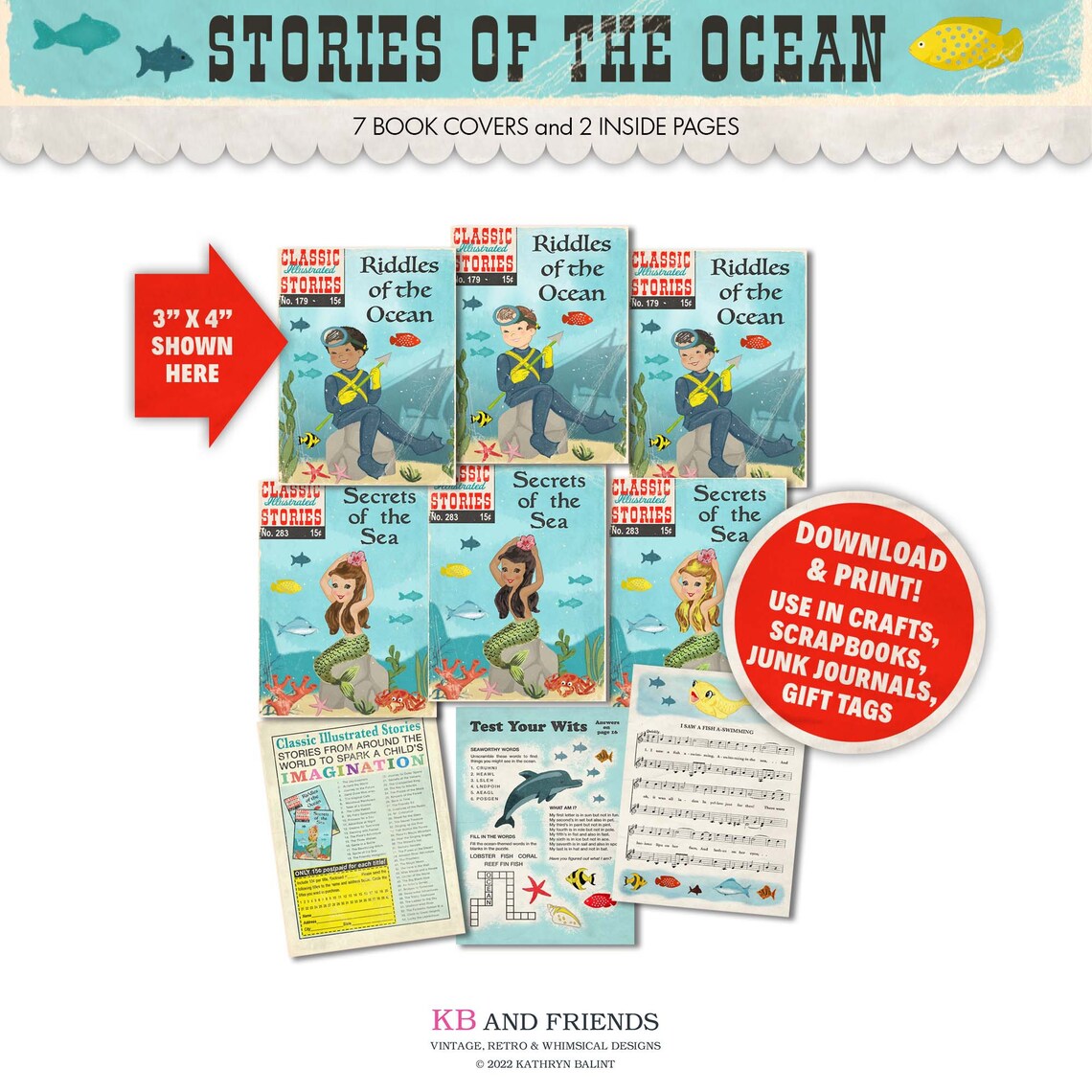 Retro Ocean Stories Printable Book Covers and Cards Featuring Mermaids ...