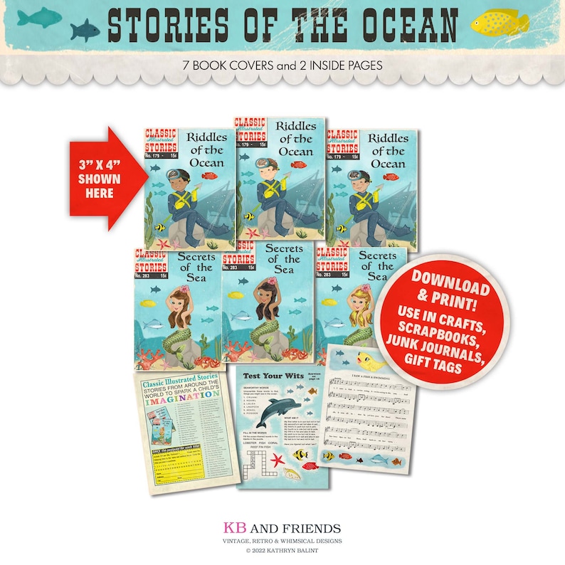 Retro Ocean Stories Printable Book Covers and Cards Featuring Mermaids ...