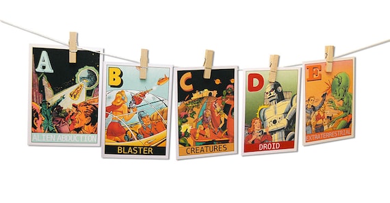 Digital sci-fi ABC flashcards / science fiction retro comic kid's wall ...