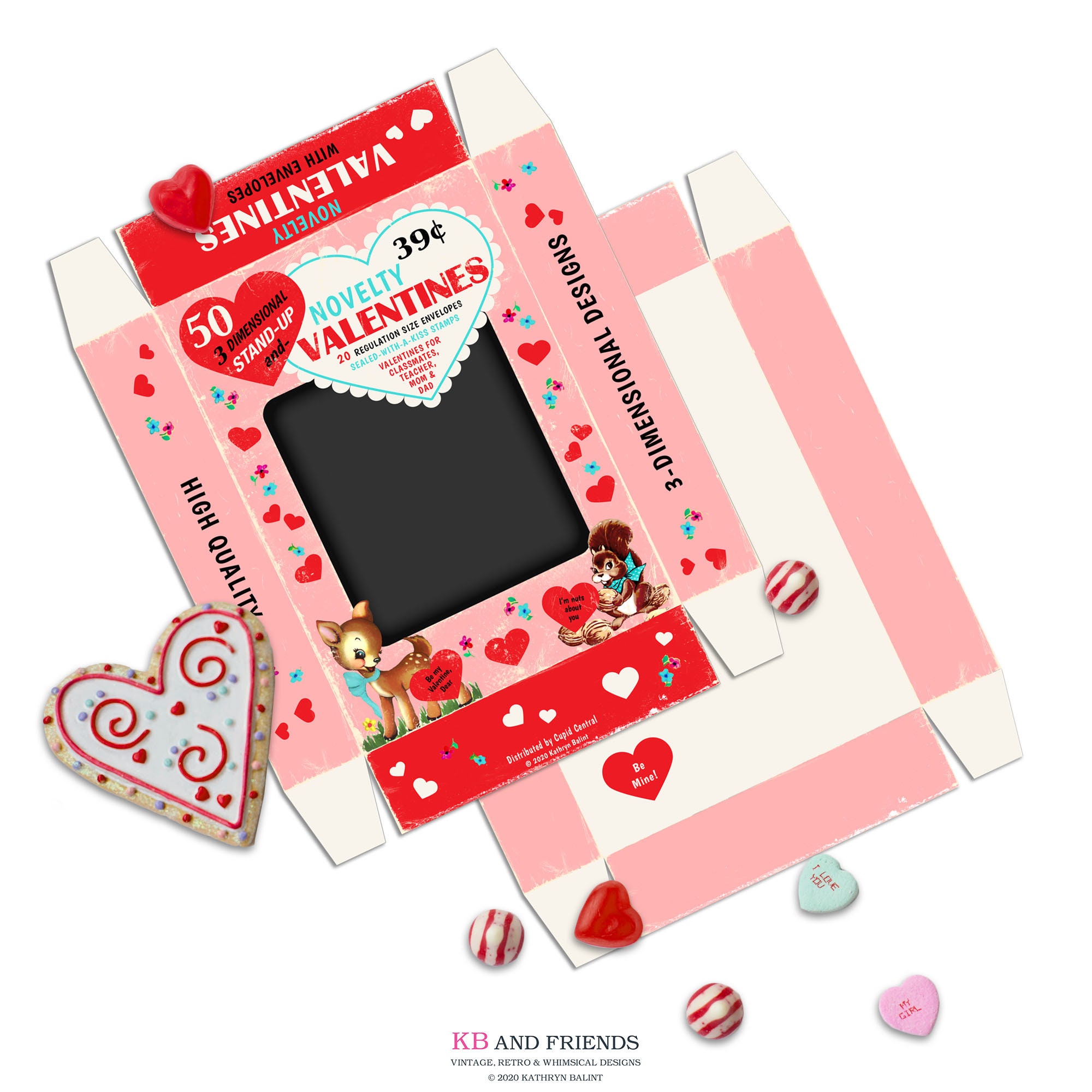 Retro Deer & Squirrel Digital Valentines Day Gift Box Template | Etsy