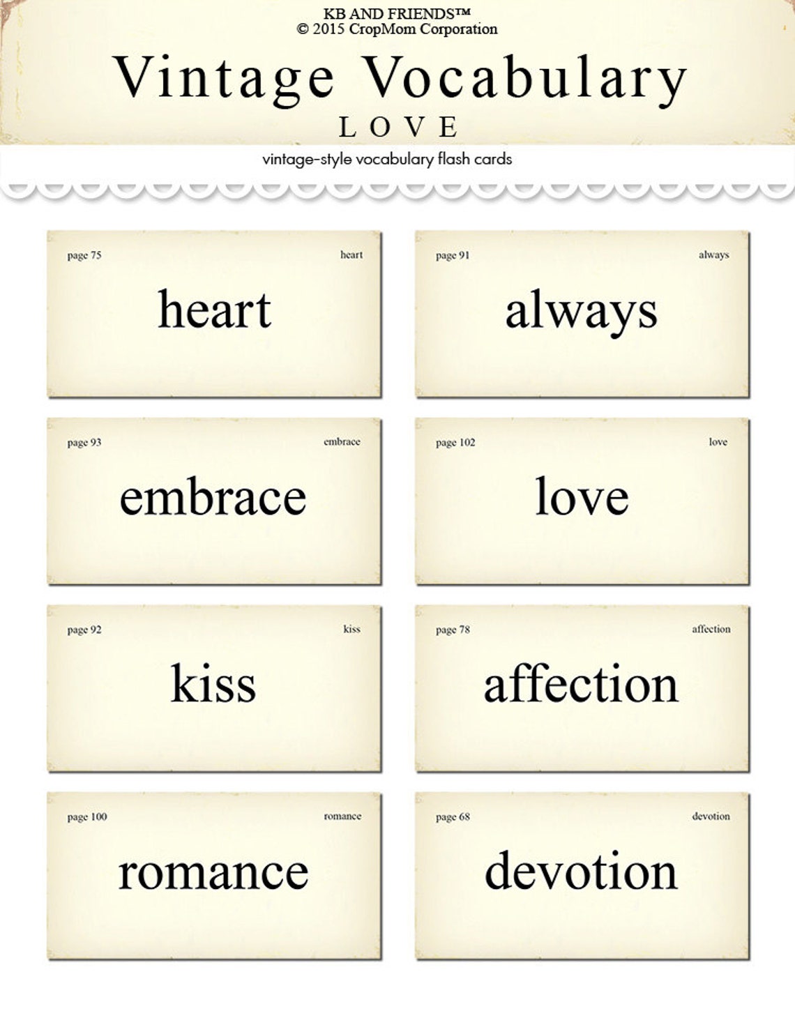 Digital Vintage Love and Romance Vocabulary Flash Cards / - Etsy