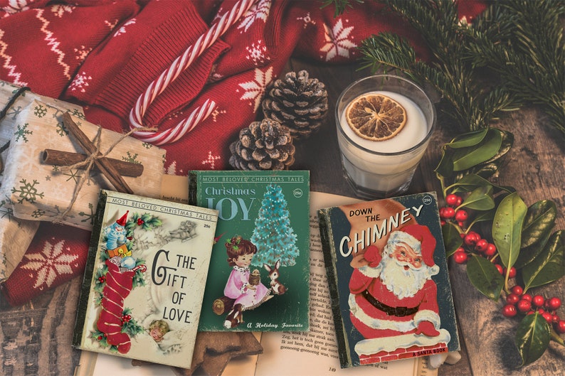 Retro Christmas Digital Book Covers / 12 ephemera cards / gift | Etsy