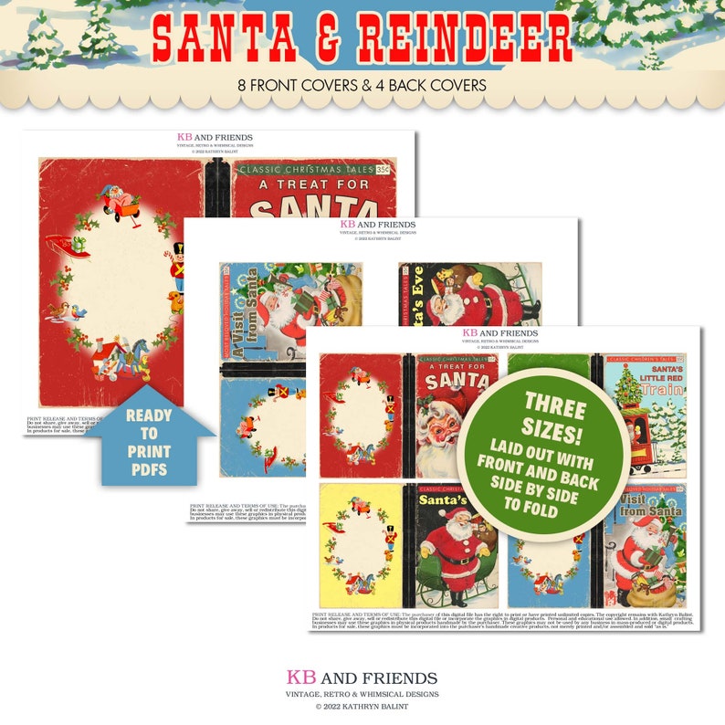 Retro Style Santa and Reindeer Christmas Book Covers: Printable ...
