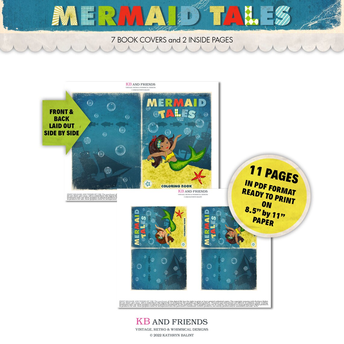 Retro Mermaid Tales Printable Book Covers and Pages for - Etsy