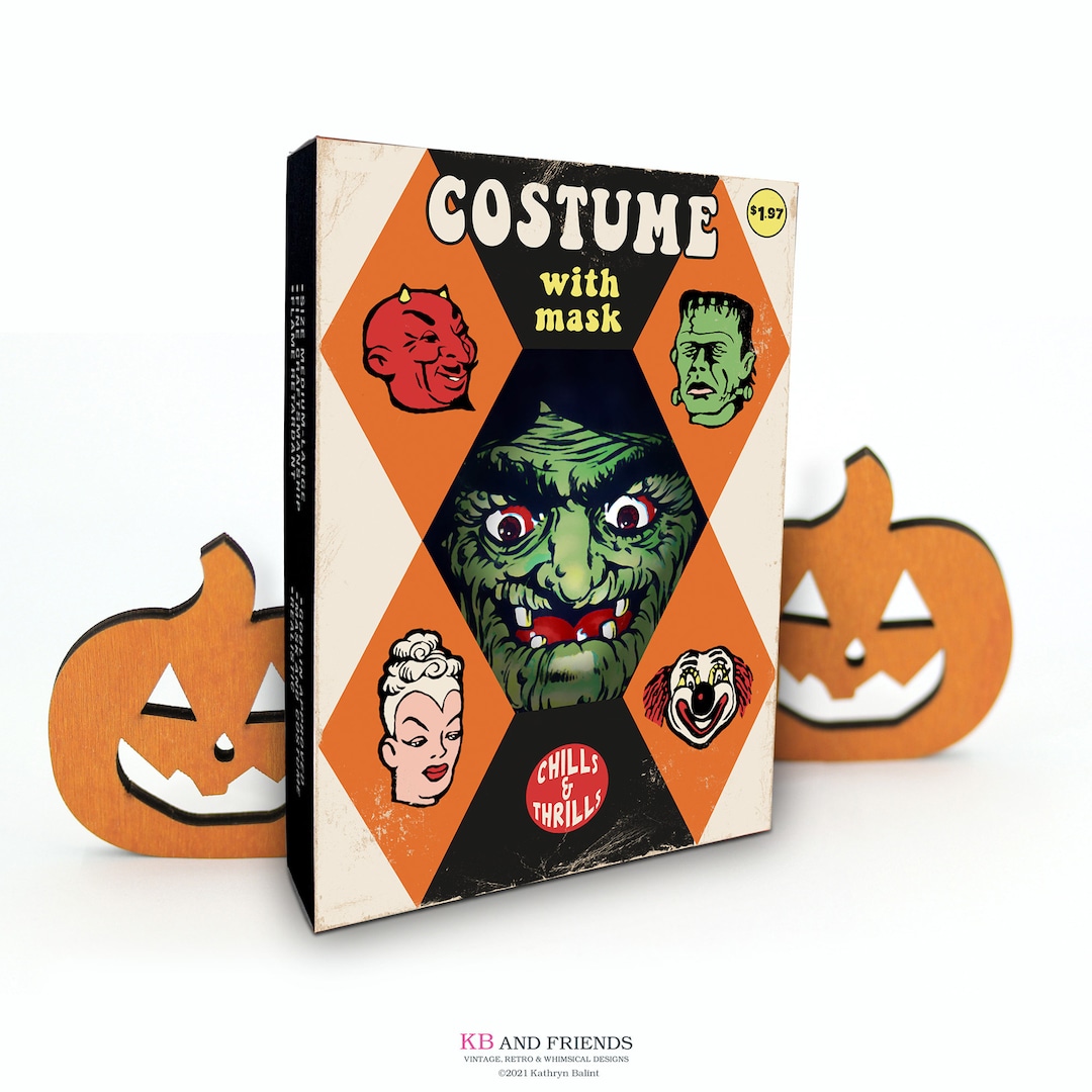 Printable Vintage Halloween Box, Costume With Mask / Digital 5" by 7 ...