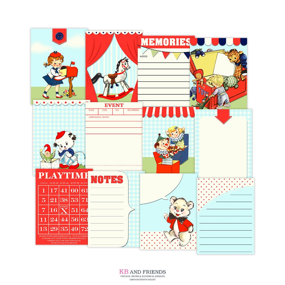 Printable retro children journal cards / digital pocket | Etsy