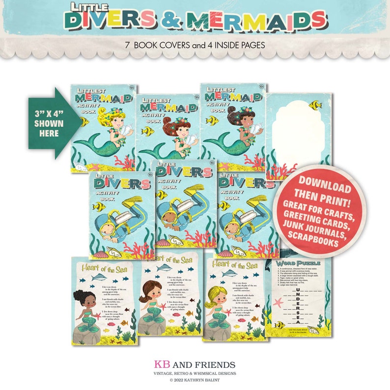 Retro Mermaid and Diver Printable Book Covers, Scrapbook Cards (digital ...