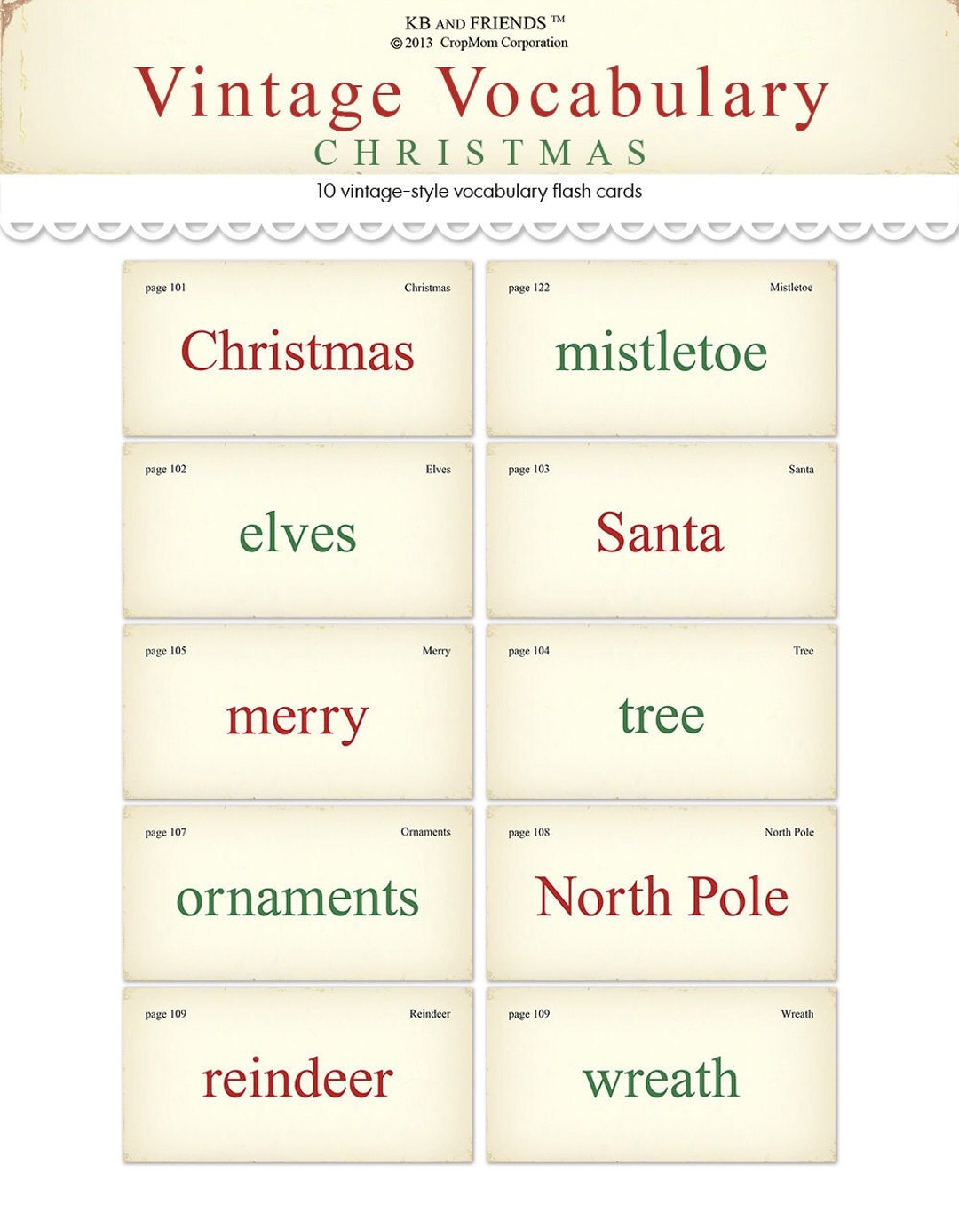 Digital Christmas Vintage Vocabulary Flash Cards / 3" by 6" and 2" by 4 ...