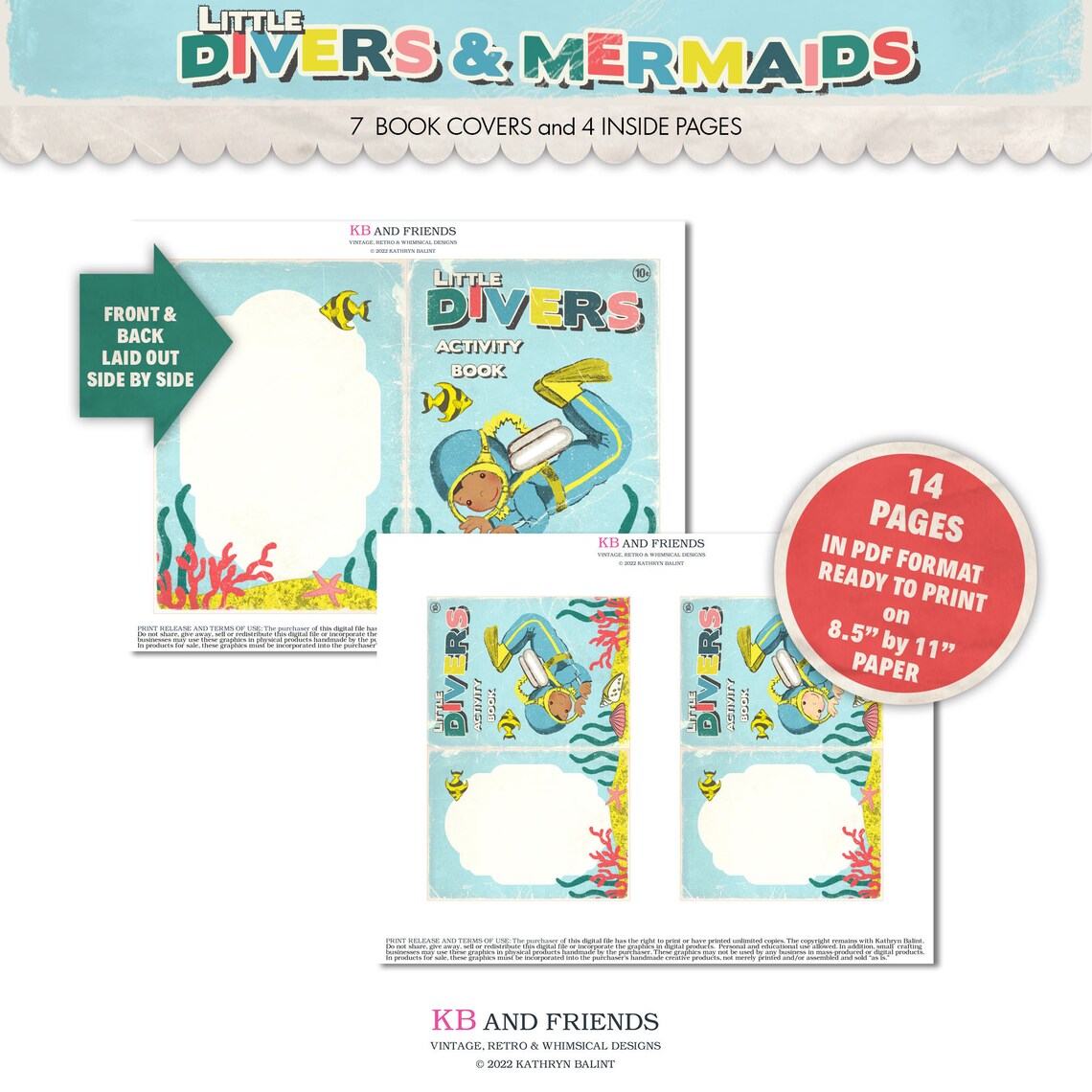 Retro Mermaid and Diver Printable Book Covers, Scrapbook Cards (digital ...