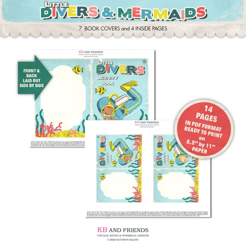 Retro Mermaids & Divers Printable Book Covers Cards for - Etsy