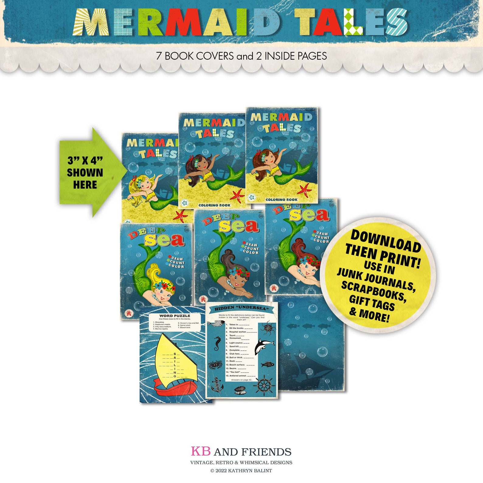 Retro Mermaid Tales Printable Book Covers and Pages for - Etsy