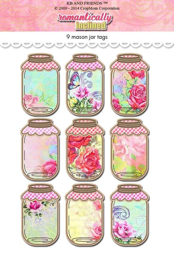 Digital Shabby Chic Romantic Mason Jar Tags / vintage kraft paper ...