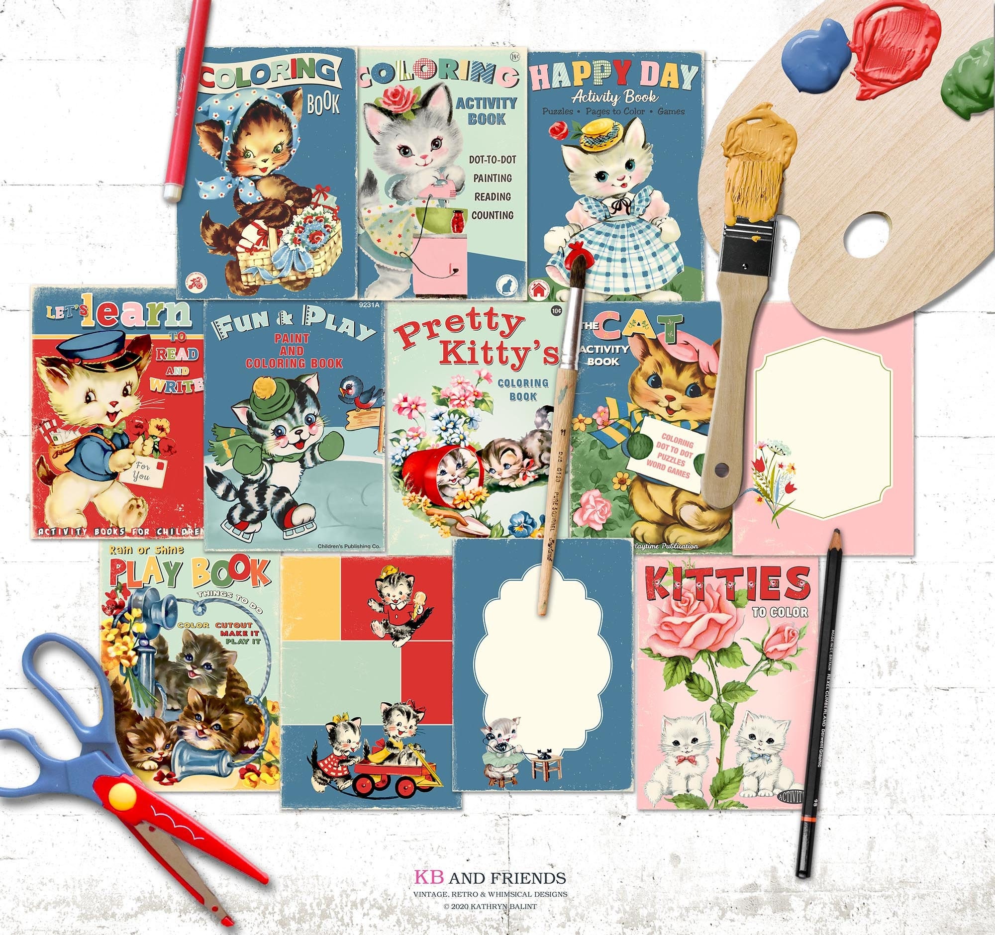 Retro Cats & Kittens Printable Coloring Book Covers for Junk - Etsy