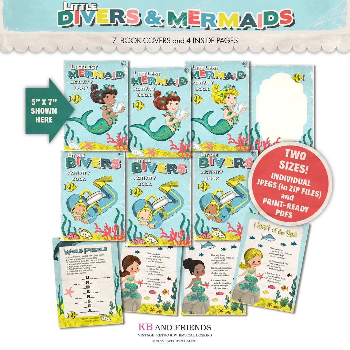 Retro Mermaid and Diver Printable Book Covers, Scrapbook Cards (digital ...