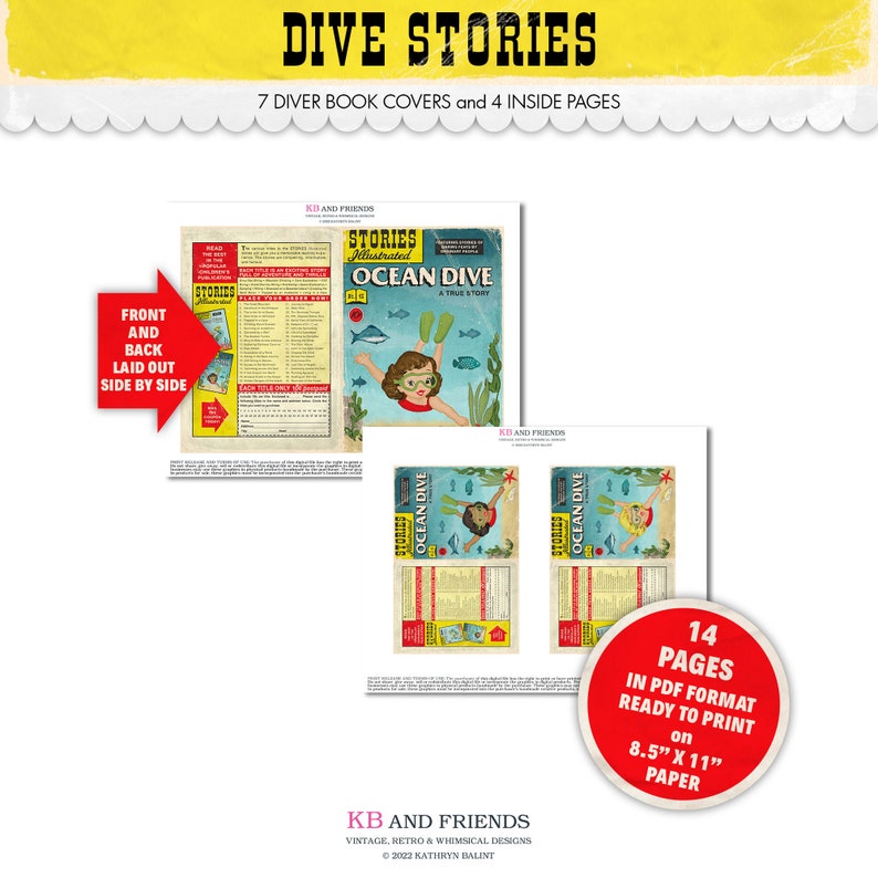 Retro Girl & Boy Divers Printable Book Covers Cards for Crafts, Junk ...