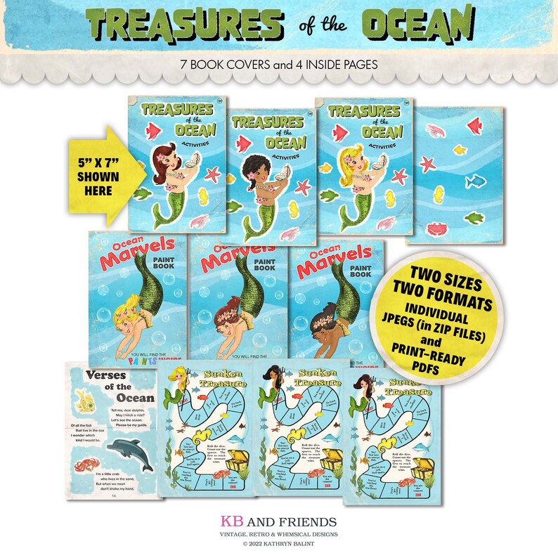 Retro Ocean Mermaids Printable Kid's Book Covers or Cards - Etsy