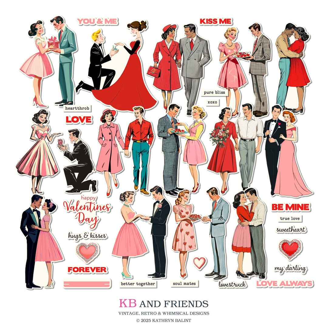Printable Valentine Sweethearts Vintage-style Digital Cutouts of Retro ...