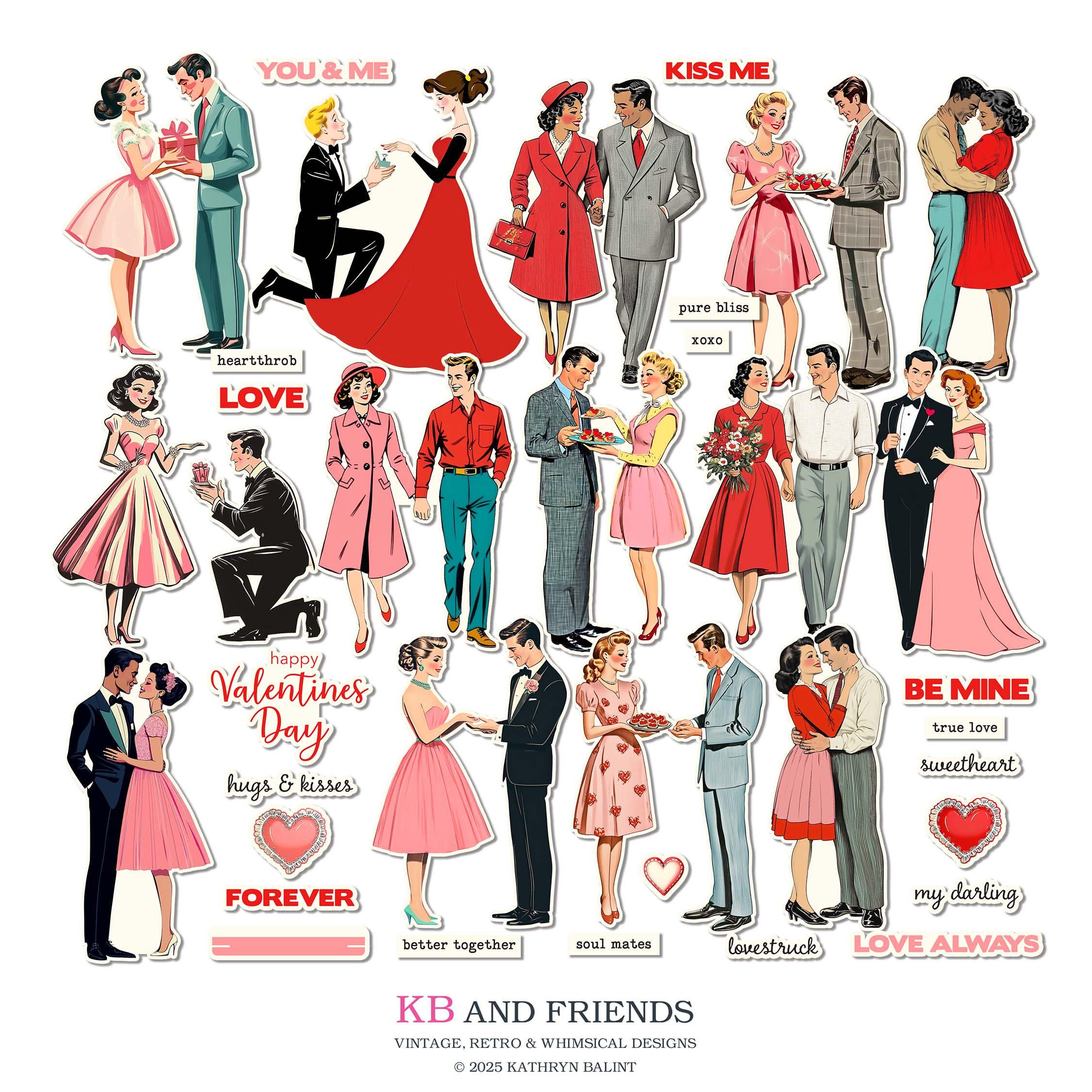 Printable Valentine Sweethearts: Retro Style Couples Cutouts (digital ...