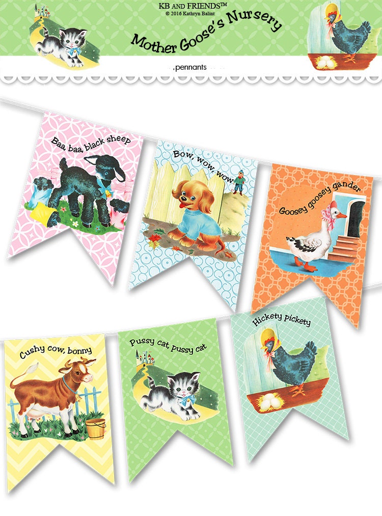 Vintage Style Nursery Rhymes Banner: Mother Goose Printable Pennants ...