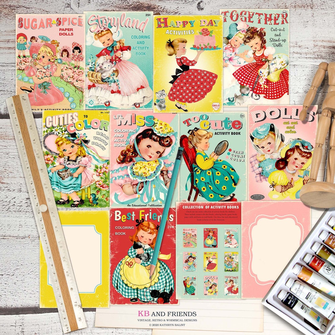 Printable Retro Girl Coloring Book Covers: Junk Journal Scrapbook ...