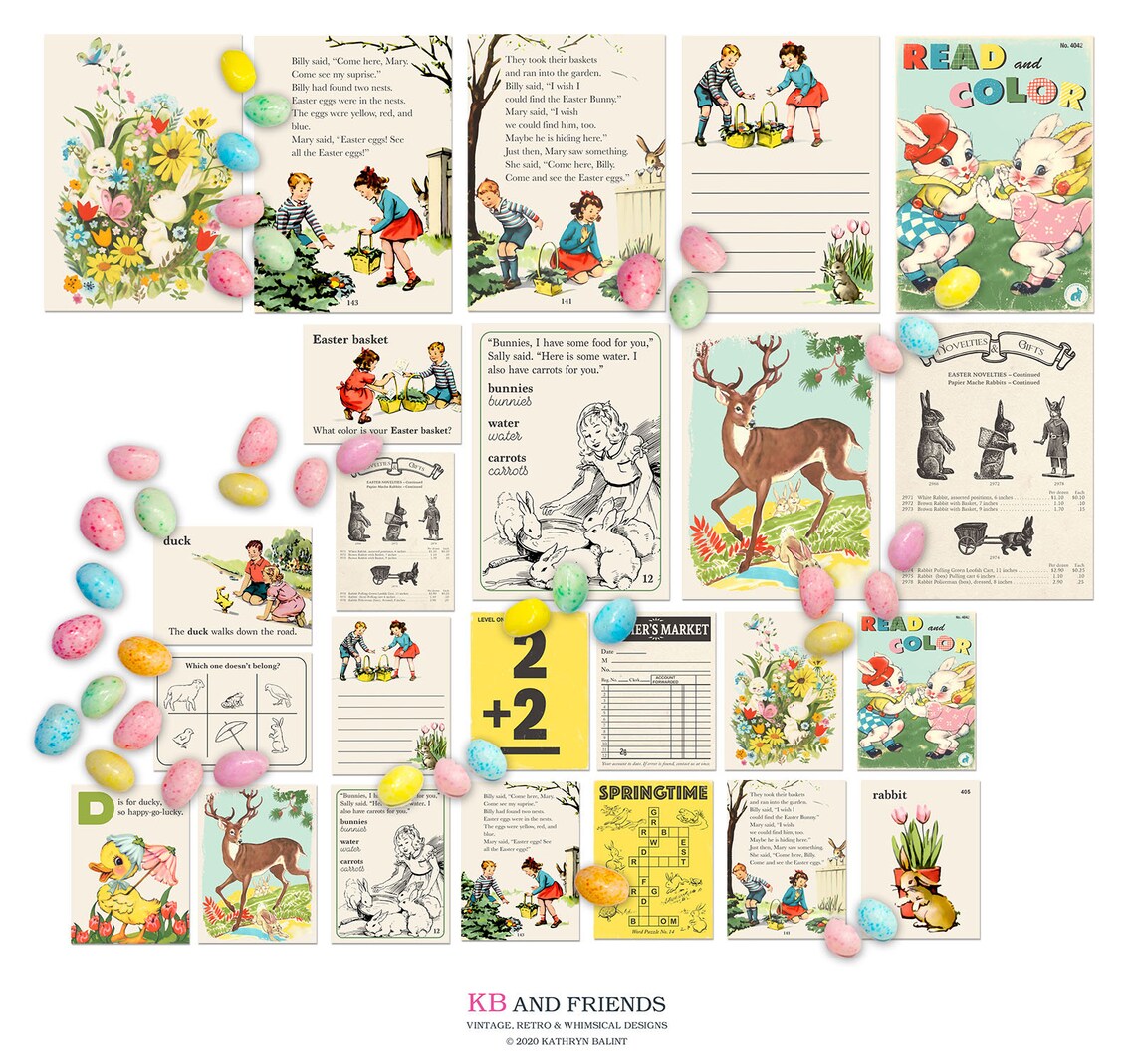 Retro Easter Basket & Spring Digital Ephemera Cards Junk | Etsy