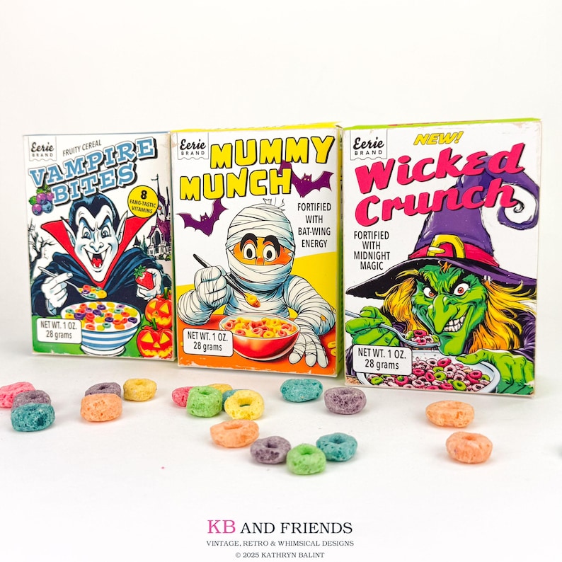 1970s Style Halloween Cereal Treat Boxes: Witch, Vampire, Mummy ...