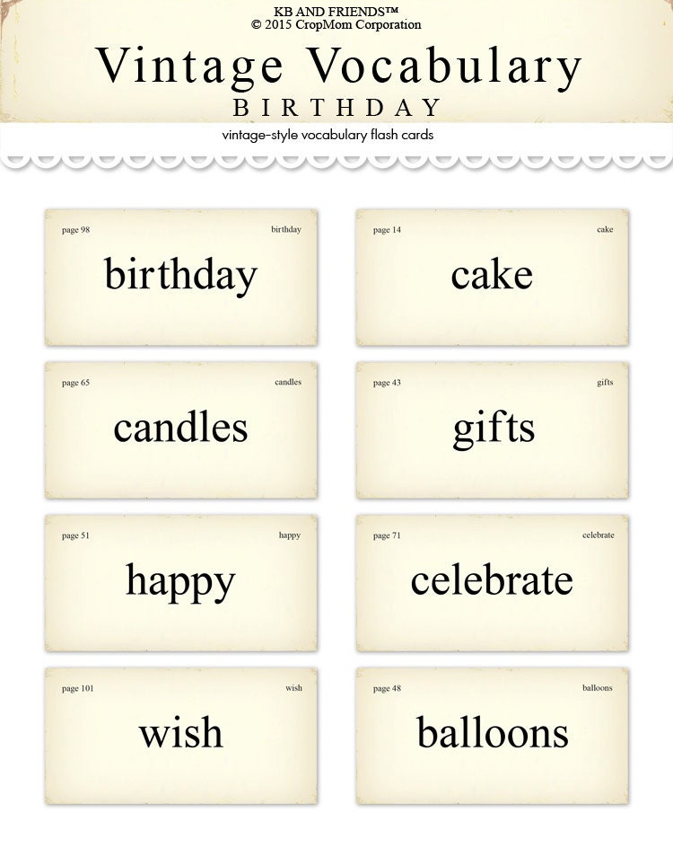 Digital vintage birthday vocabulary flash cards / 2 by | Etsy