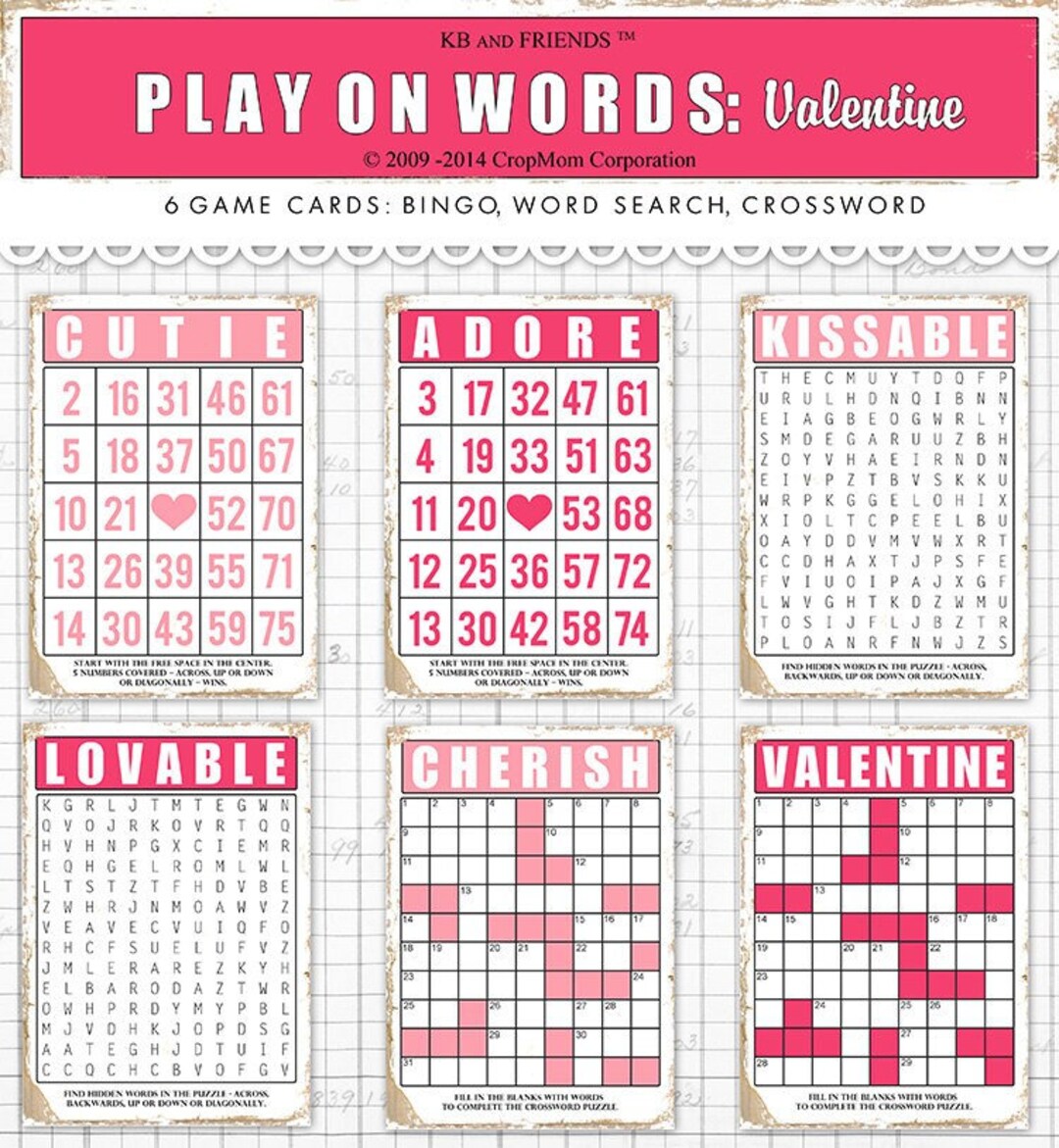 Digital Valentine Ephemera / Romantic Bingo Cards / Crosswords / Word ...