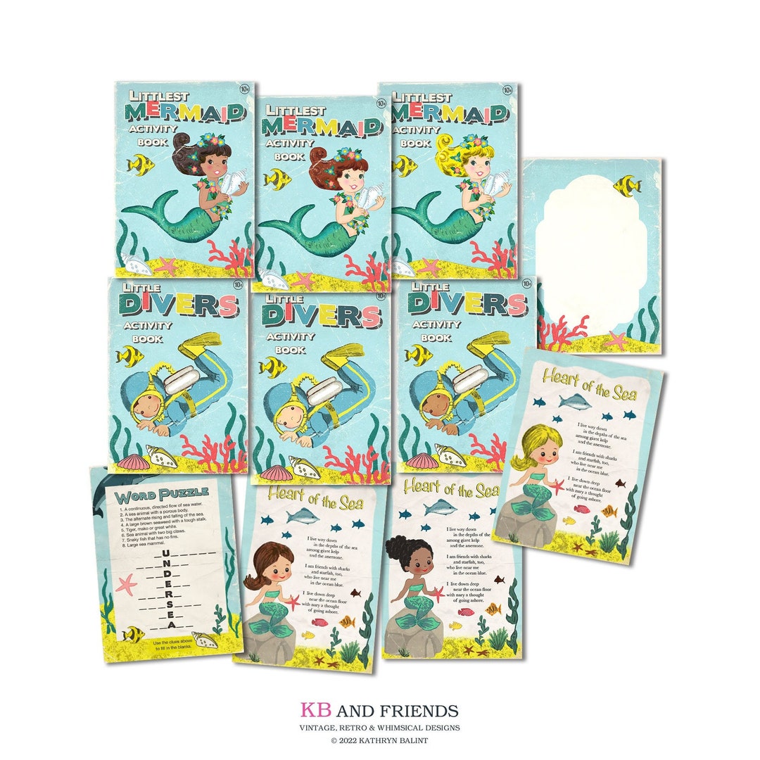 Retro Mermaids & Divers Printable Book Covers Cards for Crafts, Junk ...