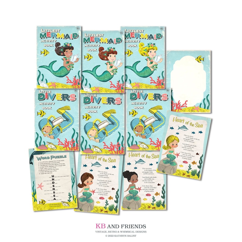 Retro Mermaids & Divers Printable Book Covers Cards for - Etsy