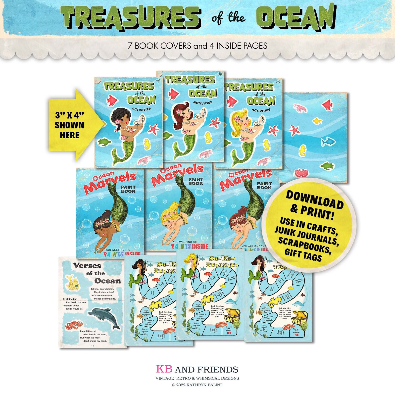 Retro Ocean Mermaids Printable Kid's Book Covers or Cards - Etsy