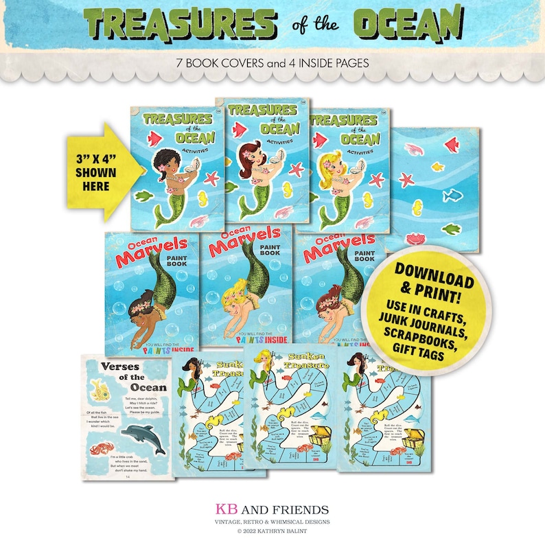 Retro Ocean Mermaids Printable Kid's Book Covers or Cards - Etsy