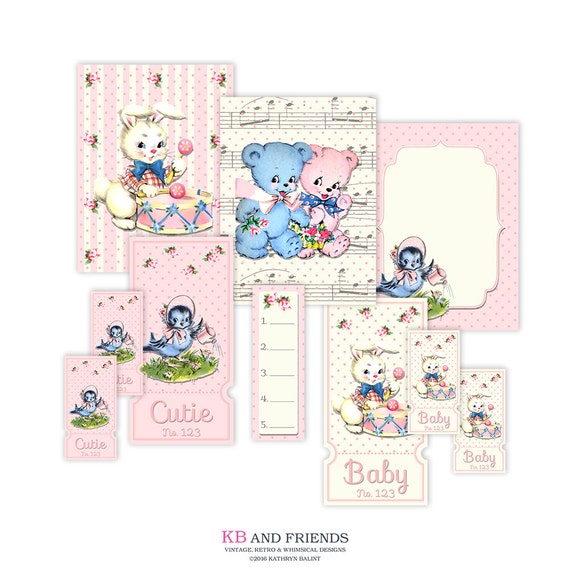 Shabby chic baby animals tickets, tags, cards, vintage style ...