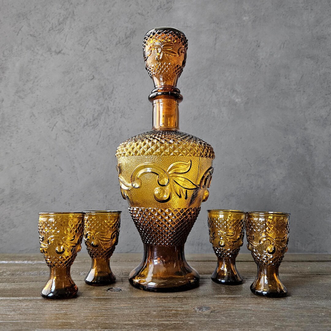 Vintage Amber Glass Decanter Set Decanter & 4 Glasses Made in Taiwan - Etsy