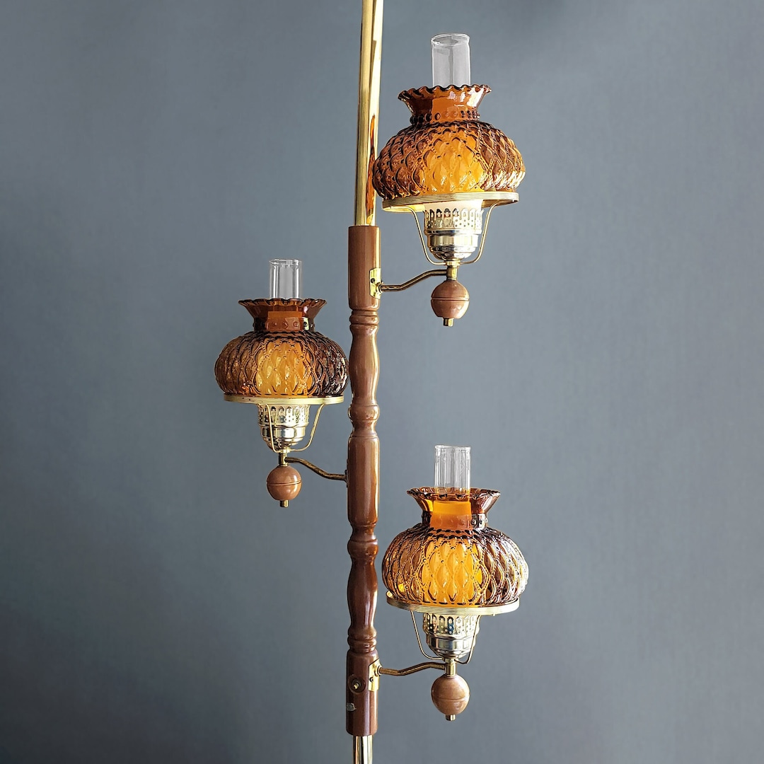 3 Light Tension Pole Lamp Hobnail Amber Glass Shades - Etsy