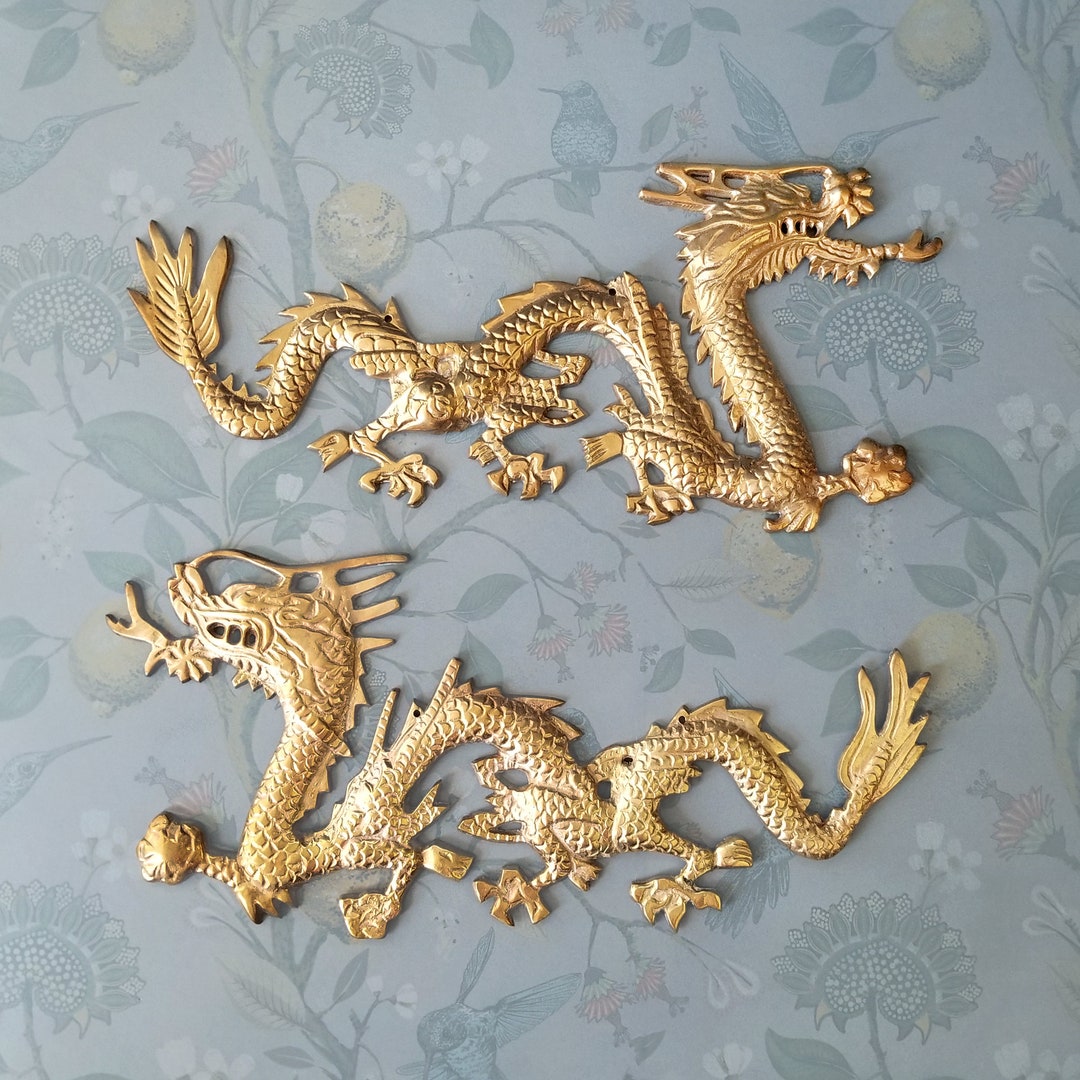 Pair Brass Opposing Dragons Wall Hangings - 17”W Gold Asian Dragons ...