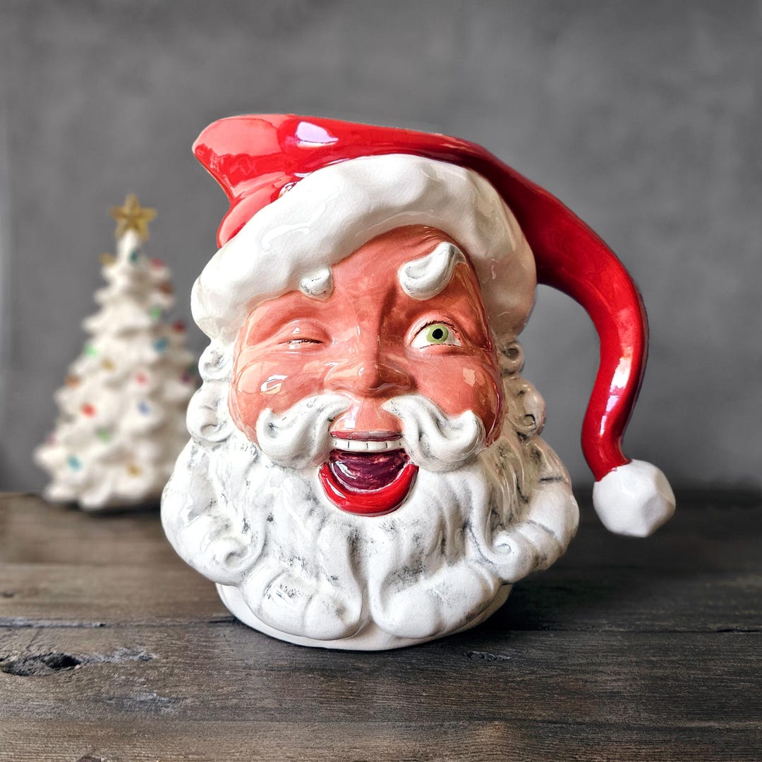 Large 10” Winking Santa Face Pitcher - Ceramic Christmas Centerpiece ...