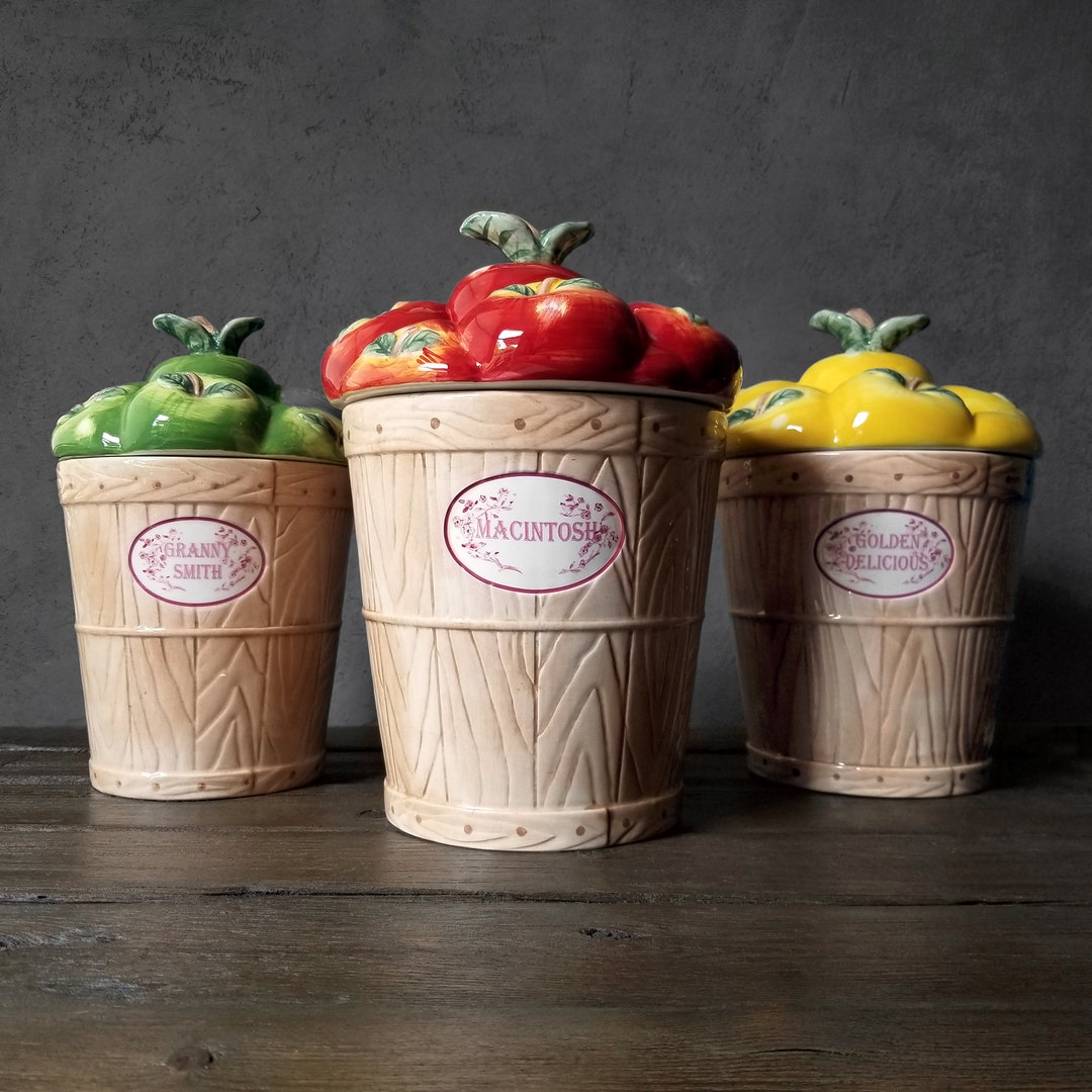 Vintage Pfaltzgraff Apple Kitchen Canisters - Bushel Basket - Green ...