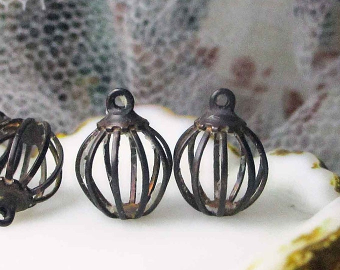 Oxidized Metal Cage Drop Charms 4 Dark Gold Tone Dangles 12x15mm Barred ...
