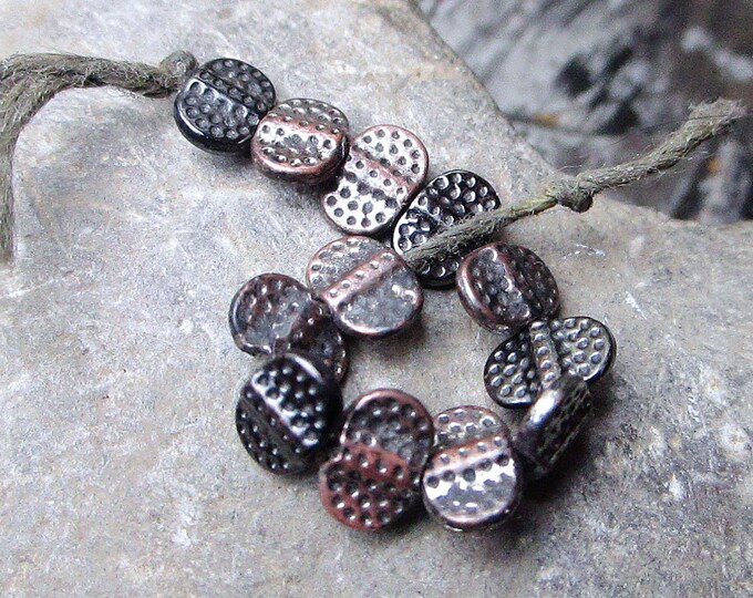 Rustic Oxidized Metal Beads - 12 Silver Tone Oval Tab Beads - Oxizided ...