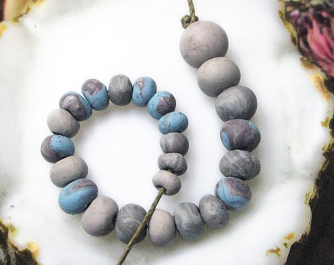 Polymer Clay Beads 24 Small Rustic Rounds & Rondelles Sky Blue With ...