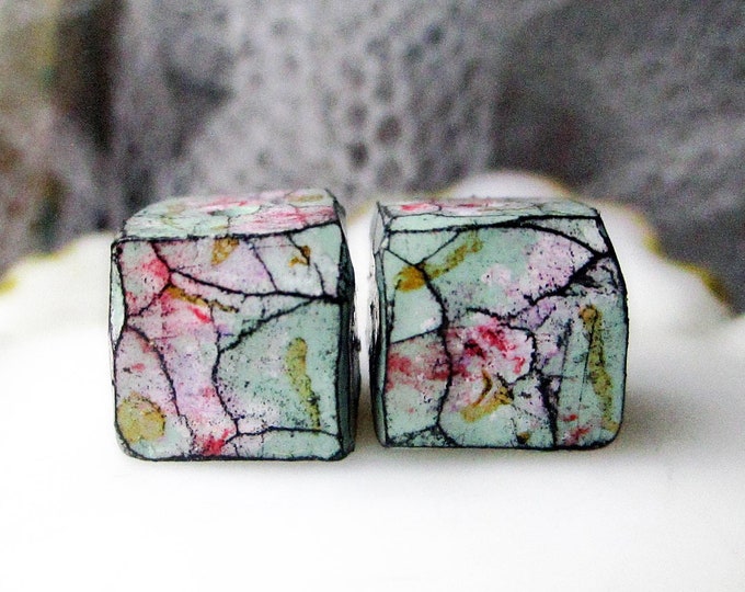 Faceted Polymer Clay Bead Pair 2 Rustic Faceted Cubes Abstract Floral ...