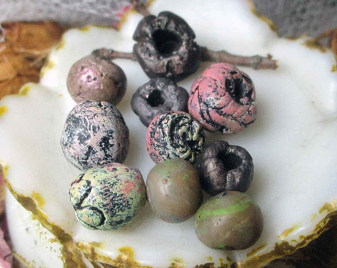 Handmade Polymer Clay Beads 10 Rustic Beads Primitive Mixed Set Rounds ...