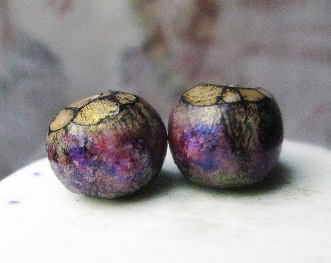Polymer Clay Pair - 2 Rustic Beads - Hand Painted Abstract Mottled ...