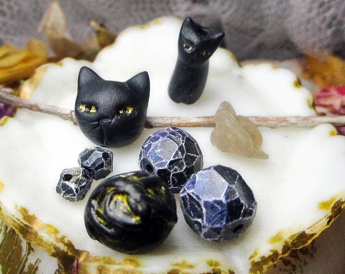 Handmade Polymer Clay Beads - 8 Rustic Primitive Beads - Black Cat ...