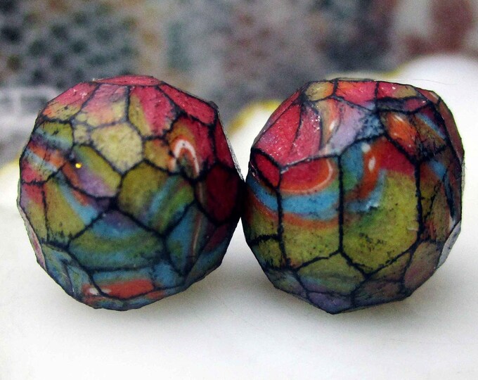 Faceted Polymer Clay Bead Pair 2 Rustic Faceted Blockish Rounds ...