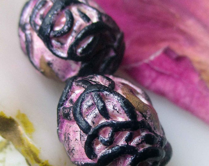 Handmade Polymer Clay Bead Pair - 2 Rustic Beads - Pink W Gold Touches ...