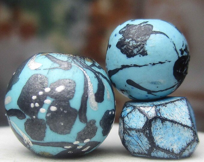 Polymer Clay Bead Trio - 3 Rustic Beads - Primitive Blues Set - Hand ...