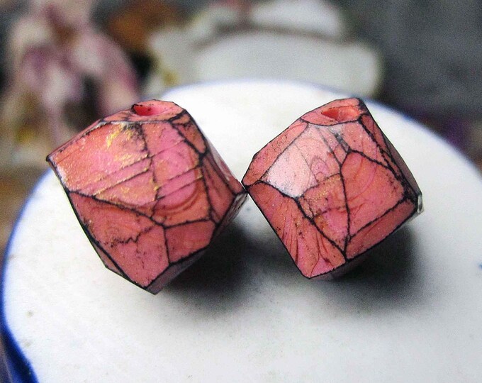 Faceted Polymer Clay Bead Pair 2 Rustic Faceted Cubes Diagonally ...